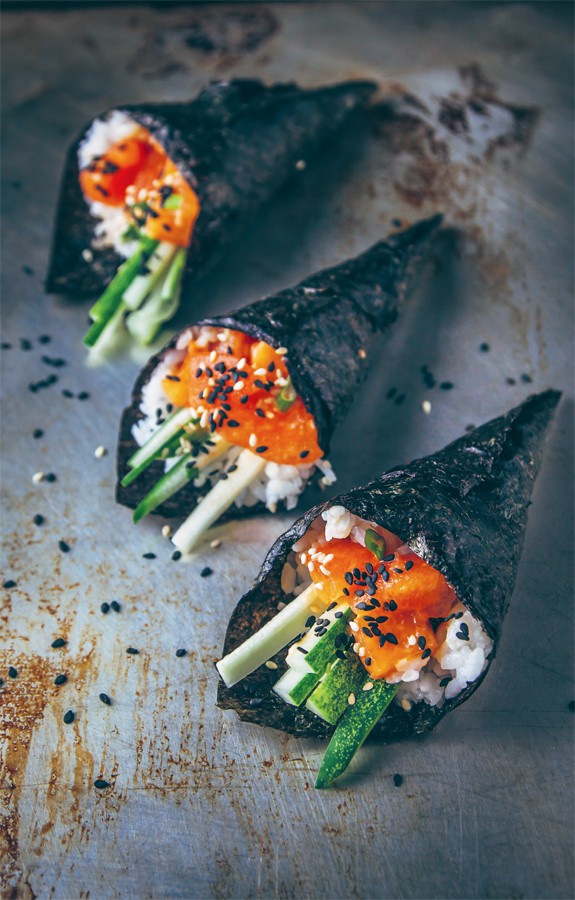 Spicy tomato ‘tuna’ hand-rolls from Jackfruit and Blue Ginger by Sasha Gill