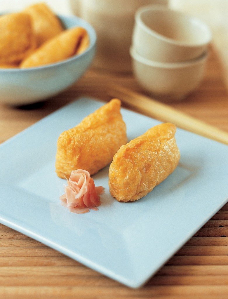 Sushi rice in tofu bags from The Tofu Cookbook by Becky Johnson